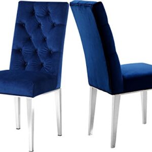 Meridian Furniture Juno Collection Modern | Contemporary Velvet Dining Chair with Luxurious Deep Tufting and Polished Chrome Metal Legs, Set of 2, 19" W x 25" D x 36.5" H, Navy