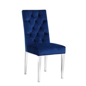 Meridian Furniture Juno Collection Modern | Contemporary Velvet Dining Chair with Luxurious Deep Tufting and Polished Chrome Metal Legs, Set of 2, 19" W x 25" D x 36.5" H, Navy