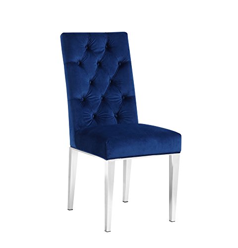 Meridian Furniture Juno Collection Modern | Contemporary Velvet Dining Chair with Luxurious Deep Tufting and Polished Chrome Metal Legs, Set of 2, 19" W x 25" D x 36.5" H, Navy