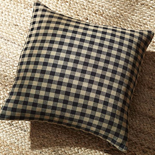 VHC Brands Black Check Fabric Pillow 16x16 Country Rustic Design, Black and Tan