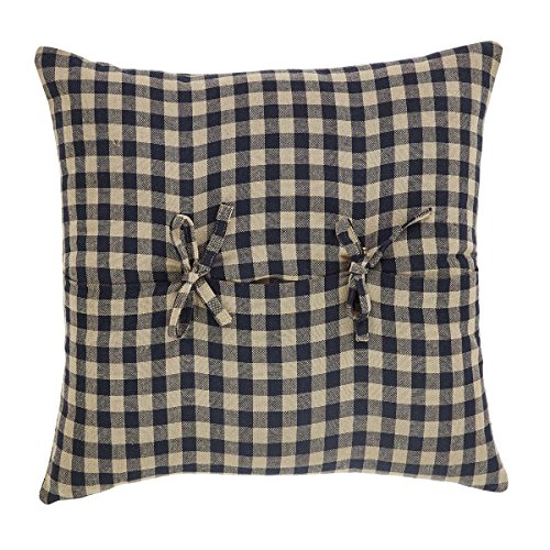 VHC Brands Black Check Fabric Pillow 16x16 Country Rustic Design, Black and Tan