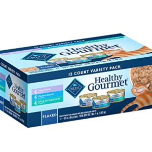 Blue Buffalo Healthy Gourmet Natural Adult Flaked Wet Cat Food Variety Pack Tuna, Chicken, Fish & Shrimp 3-Oz Cans (12 Count- 4 of Each Flavor)