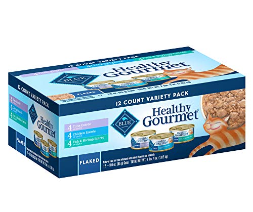 Blue Buffalo Healthy Gourmet Natural Adult Flaked Wet Cat Food Variety Pack Tuna, Chicken, Fish & Shrimp 3-Oz Cans (12 Count- 4 of Each Flavor)