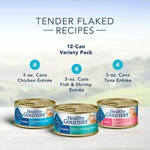 Blue Buffalo Healthy Gourmet Natural Adult Flaked Wet Cat Food Variety Pack Tuna, Chicken, Fish & Shrimp 3-Oz Cans (12 Count- 4 of Each Flavor)