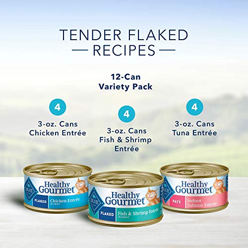 Blue Buffalo Healthy Gourmet Natural Adult Flaked Wet Cat Food Variety Pack Tuna, Chicken, Fish & Shrimp 3-Oz Cans (12 Count- 4 of Each Flavor)