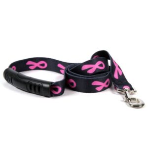 yellow dog design breast cancer black ez-grip dog leash with comfort handle, small/medium