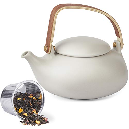 ZENS Ceramic Teapot with Infuser, Bentwood Handle Japanese Loose Leaf Tea Pot, 27 Ounces Matte Grey 2 Cup Teapot for Afternoon Tea Women Gift