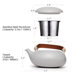 ZENS Ceramic Teapot with Infuser, Bentwood Handle Japanese Loose Leaf Tea Pot, 27 Ounces Matte Grey 2 Cup Teapot for Afternoon Tea Women Gift