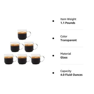 zenco living Espresso Cups (4 Ounce) with Large Handle, Set of 6 - Glass Coffee Cups for Nespresso Lungo, Double Espresso, Cortado