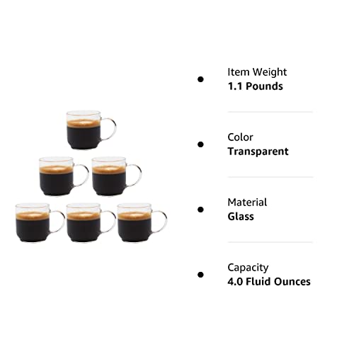 zenco living Espresso Cups (4 Ounce) with Large Handle, Set of 6 - Glass Coffee Cups for Nespresso Lungo, Double Espresso, Cortado