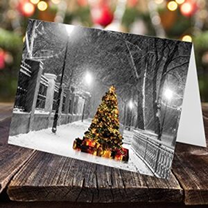 Christmas Cards, Holiday Cards - One Jade Lane - Lighted Tree in the Snow, 5x7, Heavy Stock, Set of 18 Cards & Envelopes, Seasons Greetings Cards.