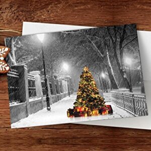 Christmas Cards, Holiday Cards - One Jade Lane - Lighted Tree in the Snow, 5x7, Heavy Stock, Set of 18 Cards & Envelopes, Seasons Greetings Cards.