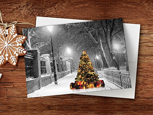 Christmas Cards, Holiday Cards - One Jade Lane - Lighted Tree in the Snow, 5x7, Heavy Stock, Set of 18 Cards & Envelopes, Seasons Greetings Cards.