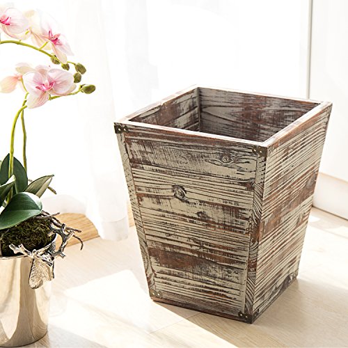 MyGift Torched Wood Small Wastebasket, Square Trash Basket with Tapered Bottom and Decorative Metal Brackets