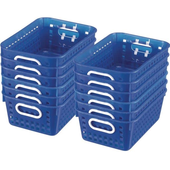 Really Good Stuff Multi-Purpose Plastic Storage Baskets for Classroom or Home Use - Stackable Mesh Plastic Baskets with Grip Handles 11" x 7.5" (Blue - Set of 12)