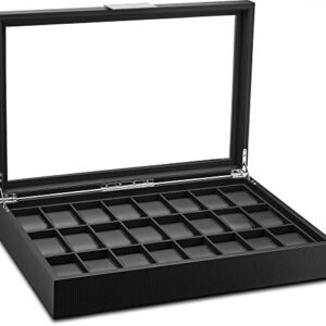 Glenor Co Watch Box for Men - 24 Slot Flat Luxury Display Case Organizer, Carbon Fiber Design for Mens Jewelry Watches, Men's Storage Holder Boasts Large Glass Top,Metal Buckle & Leather Pillows-Black