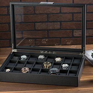 Glenor Co Watch Box for Men - 24 Slot Flat Luxury Display Case Organizer, Carbon Fiber Design for Mens Jewelry Watches, Men's Storage Holder Boasts Large Glass Top,Metal Buckle & Leather Pillows-Black