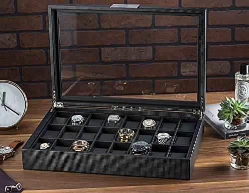 Glenor Co Watch Box for Men - 24 Slot Flat Luxury Display Case Organizer, Carbon Fiber Design for Mens Jewelry Watches, Men's Storage Holder Boasts Large Glass Top,Metal Buckle & Leather Pillows-Black