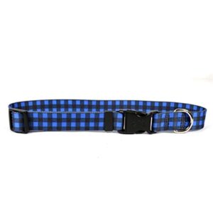 yellow dog design pet collar, buffalo plaid blue, medium 14" - 20"