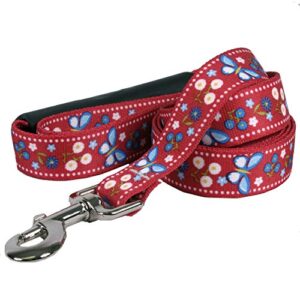 yellow dog design festive butterfly red ez-grip dog leash with comfort handle, small/medium