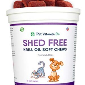 Pet Vitamin Co - Krill Oil Shed-Free Soft Chews for Dogs - Reduce Shedding & Itching - Rich in Omega 3 & Antioxidants - Improves Skin & Coat - Made in USA - 60 Soft Chews