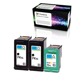 ocproducts refilled hp 74xl 75xl ink cartridge replacement 3 pack for hp officejet j6480 photosmart c4400 c4380 c4500 deskjet d4260 (2 black 1 color)