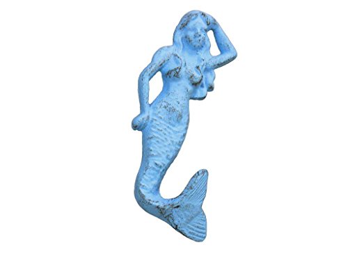 Handcrafted Nautical Decor Rustic Light Blue Cast Iron Mermaid Hook 6" - Cast Iron Decoration - Antique Vi