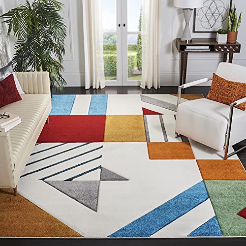 SAFAVIEH Hollywood Collection Accent Rug - 4' x 6', Ivory & Peacock Blue, Mid-Century Modern Design, Non-Shedding & Easy Care, Ideal for High Traffic Areas in Entryway, Living Room, Bedroom (HLW709B)