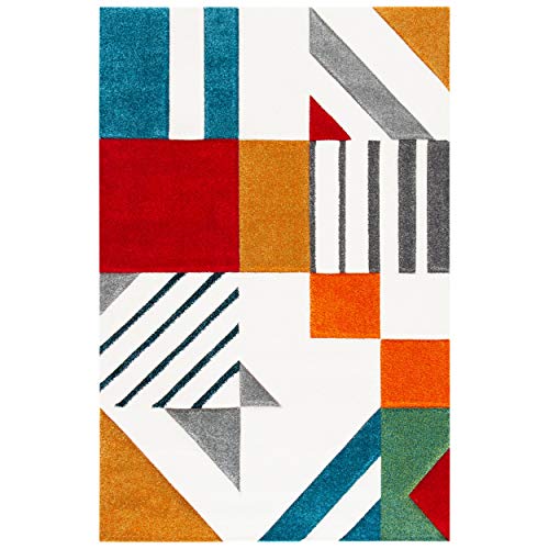 SAFAVIEH Hollywood Collection Accent Rug - 4' x 6', Ivory & Peacock Blue, Mid-Century Modern Design, Non-Shedding & Easy Care, Ideal for High Traffic Areas in Entryway, Living Room, Bedroom (HLW709B)