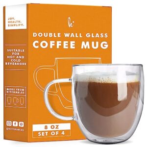 kitchables double wall glass coffee mugs set of 4, 8oz with handle insulated glass coffee mug with handle, clear coffee mugs, tasas transparente para café bonitas