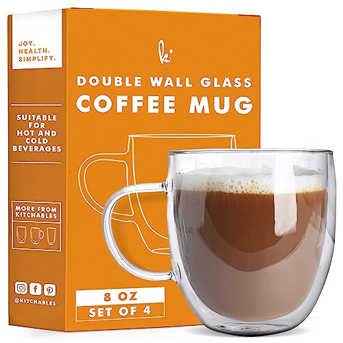 Kitchables Double Wall Glass Coffee Mugs Set of 4, 8oz with Handle Insulated Glass Coffee Mug with Handle, Clear Coffee Mugs, Tasas Transparente Para Café Bonitas