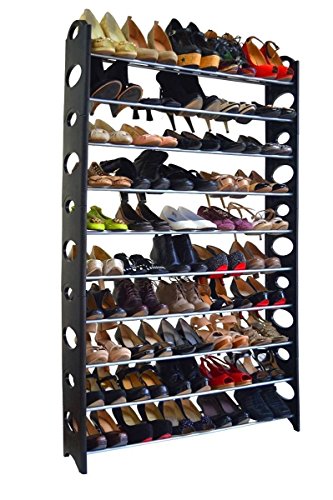 Crazyworld 10 Tier Stainless Steel Shoe Rack / Ribbon Storage Stackable Shelves, Holds 50 Pairs Of Shoes,60.6" x 38.2" x 7.5" ,Black & Silver