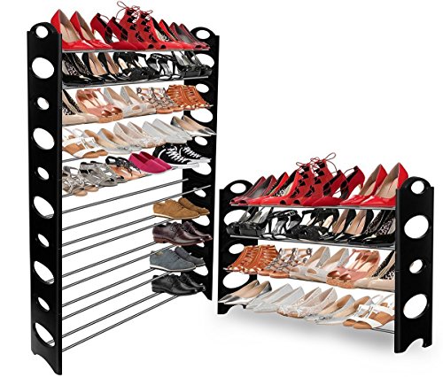 Crazyworld 10 Tier Stainless Steel Shoe Rack / Ribbon Storage Stackable Shelves, Holds 50 Pairs Of Shoes,60.6" x 38.2" x 7.5" ,Black & Silver