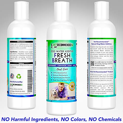 Vet Recommended Dog Breath Freshener Water Additive for Pet Dental Care - All Natural - Works to Solve The Cause of Bad Dog Breath. Add to Pet's Drinking Water - Made in USA (16oz/473ml)