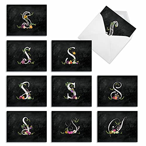 The Best Card Company - 10 Initial Letter S Assorted Blank Notecards, Floral Monogramed Personal Stationery w/Envelopes Bulk Box Set 4 x 5.12 Inch Thank You Notes - S Chalk and Roses M3830OCB-B1x10