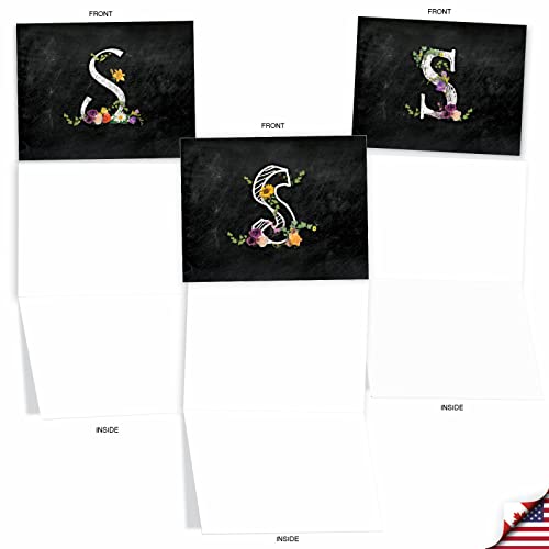 The Best Card Company - 10 Initial Letter S Assorted Blank Notecards, Floral Monogramed Personal Stationery w/Envelopes Bulk Box Set 4 x 5.12 Inch Thank You Notes - S Chalk and Roses M3830OCB-B1x10