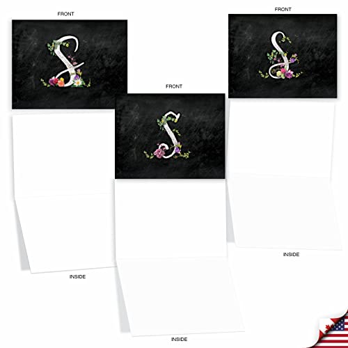 The Best Card Company - 10 Initial Letter S Assorted Blank Notecards, Floral Monogramed Personal Stationery w/Envelopes Bulk Box Set 4 x 5.12 Inch Thank You Notes - S Chalk and Roses M3830OCB-B1x10