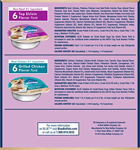 Blue Buffalo Delights Natural Adult Small Breed Wet Dog Food Cups, Pate Style, Grilled Chicken & Top Sirloin 3.5-oz (12 Pack- 6 of Each Flavor)