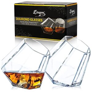 dragon glassware whiskey glasses, clear diamond shaped cocktail barware, unique drinkware for wine and bourbon, naturally aerates, 10 oz capacity, set of 2