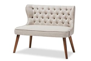 baxton studio scarlett mid-century modern brown wood and light beige fabric upholstered button-tufting with nail heads trim 2-seater loveseat settee