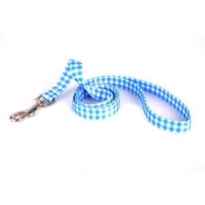 yellow dog design gingham blue dog leash 3/4" wide and 5' (60") long, small/medium