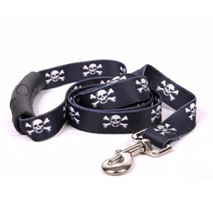 yellow dog design skulls-black ez-grip dog leash-with comfort handle-small/medium-3/4 and 5 feet (60") long