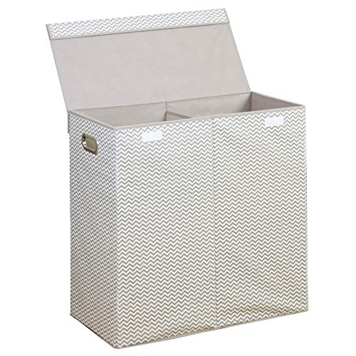 iDesign Axis Fabric Double Folding Laundry Clothes Hamper Bin with Handles and Lid, Basket for Bedroom, College Dorm, 24" x 12" x 25", Taupe