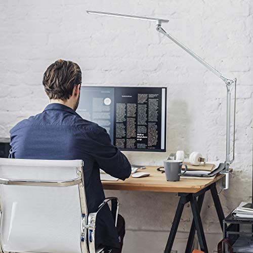 PHIVE CL-1 LED Architect Desk Lamp/Clamp on Desk Lamp,Metal Swing Arm Dimmable Drafting Table Lamp (Touch Control,Eye-Caring,Memory Function,Highly Adjustable Office/Task//Workbench/Work Light) Silver