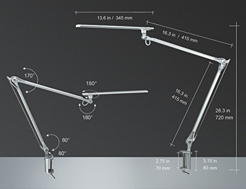 PHIVE CL-1 LED Architect Desk Lamp/Clamp on Desk Lamp,Metal Swing Arm Dimmable Drafting Table Lamp (Touch Control,Eye-Caring,Memory Function,Highly Adjustable Office/Task//Workbench/Work Light) Silver