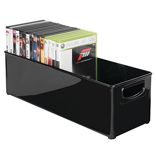 mDesign Plastic Video Game and DVD Storage Organizer - Game and Movie Disc Holder Bin with Handles for Home Media Console Stand and Closet Shelf - Ligne Collection - Black