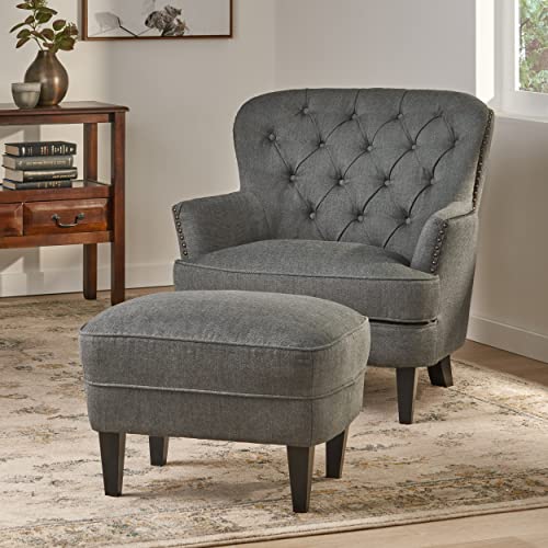 Christopher Knight Home Tafton Fabric Club Chair and Ottoman Set, 2-Pcs Set, Grey