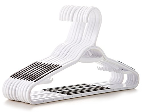 Popular Design Products 10 pc White Plastic Hangers with Built-in Grey Grip Strip Non-Slip Pads - Perfect for Dresses, Blouses and Pants - Work Great for Shirts, Ties, Scarves and Sweaters