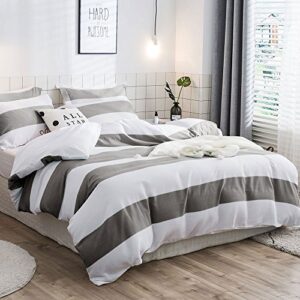 Merryfeel Cotton Duvet Cover Set Queen,100% Cotton Waffle Weave Duvet Cover Set - Grey and White Stripe Bedding Set