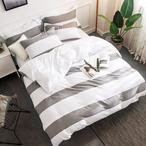 Merryfeel Cotton Duvet Cover Set Queen,100% Cotton Waffle Weave Duvet Cover Set - Grey and White Stripe Bedding Set